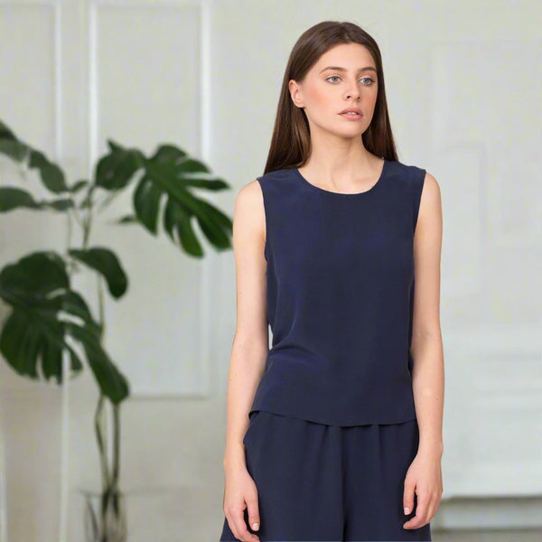 Navy Blue Silk Shell Top - SILKTOP